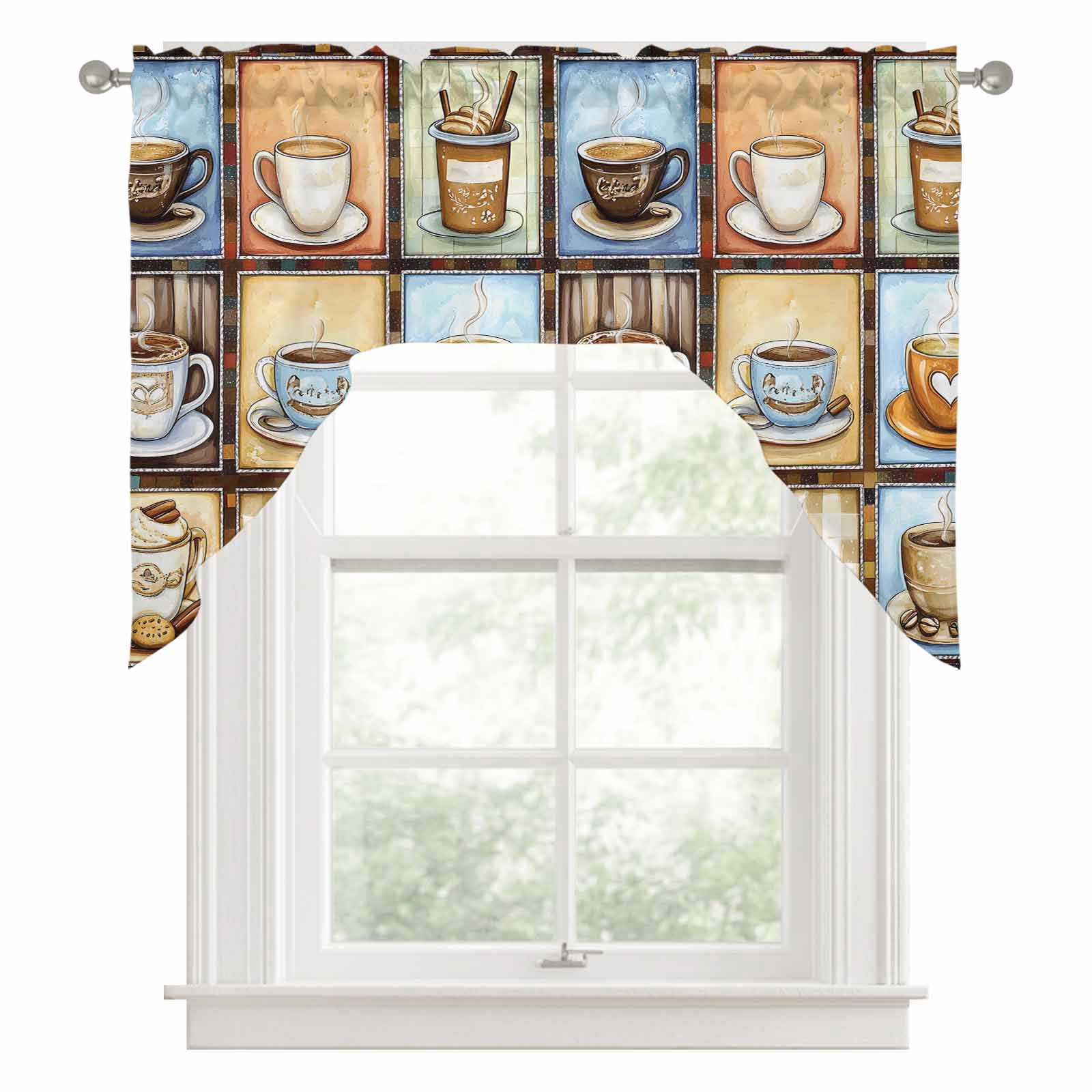 Swag Valances for Windows, Watercolor Coffee Kitchen Valance Rod Pocket ...