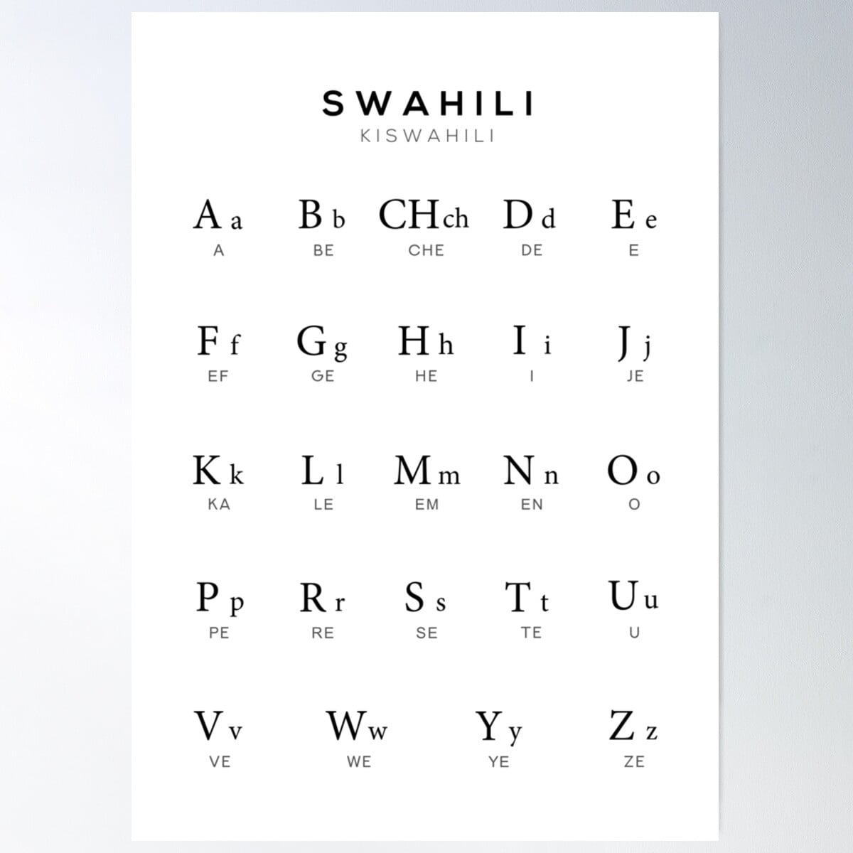 Swahili Alphabet Language Learning Chart - White Poster Wall Art ...