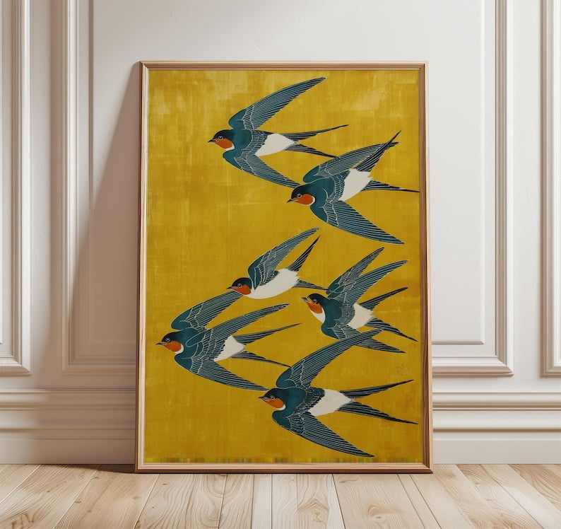 Swallow Birds Poster, Japanese Art Print, Yellow and Blue Wall Art 8x12 ...