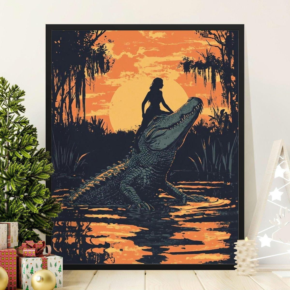 Swamp Gator Silhouette Poster, Alligator Wall Art, Sunset Landscape ...