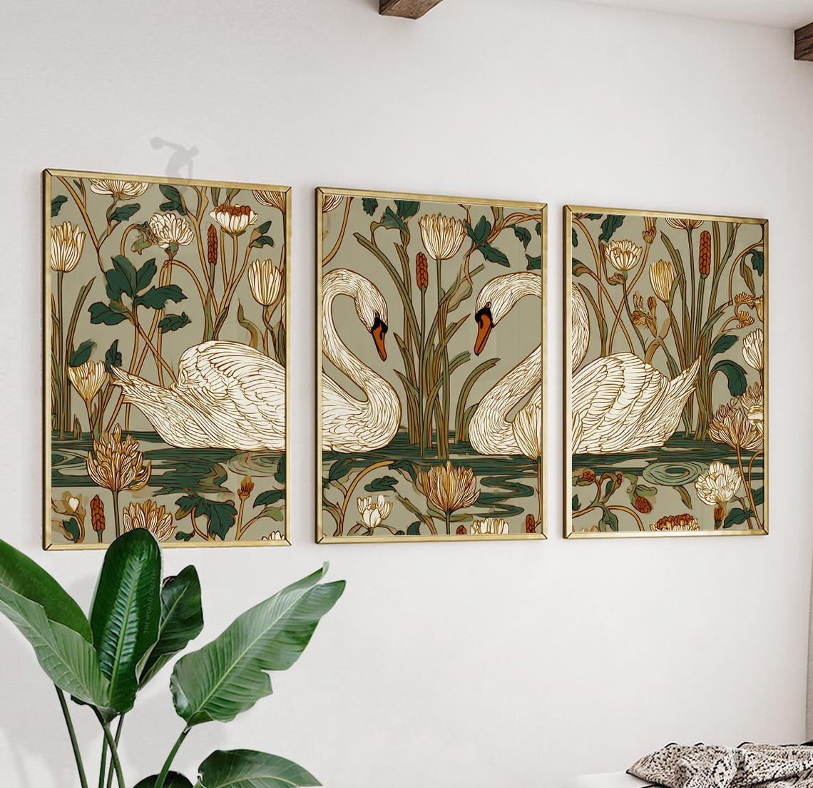 Swan Art Nouveau Botanical Cream Gold Romantic Water Lily Pond Artwork ...