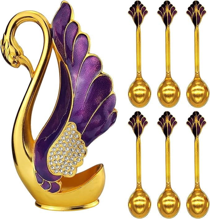 Swan Base Holder with 6pcs Coffee Dessert Dinner Spoon Set, Metal ...
