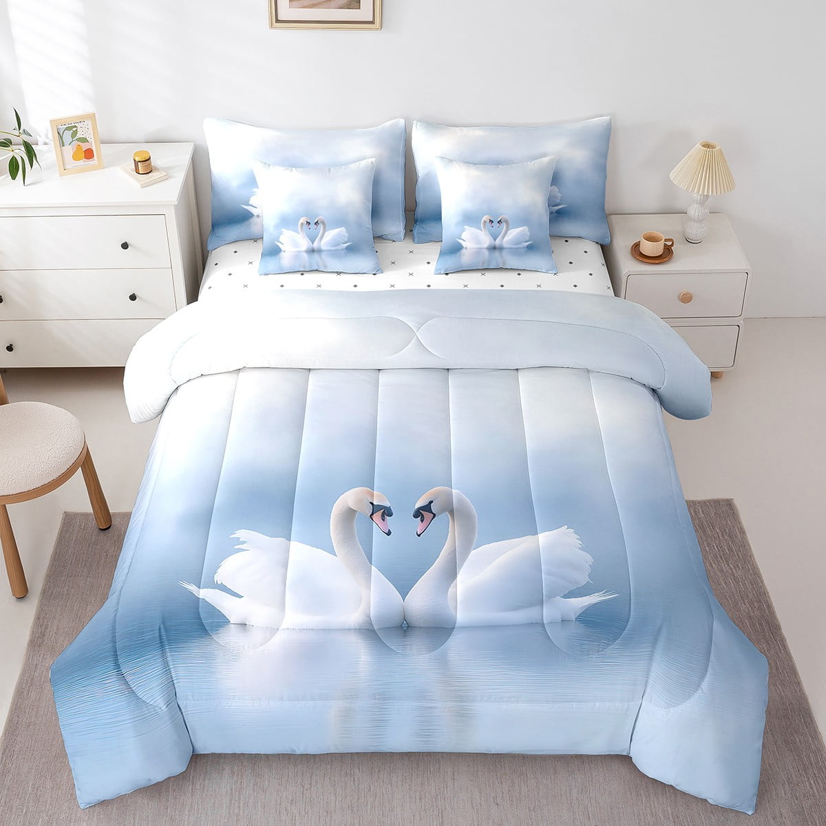 Swan Bed in a Bag Queen Comforter Set 7 Piece,Blue Swan Lake Bedding ...