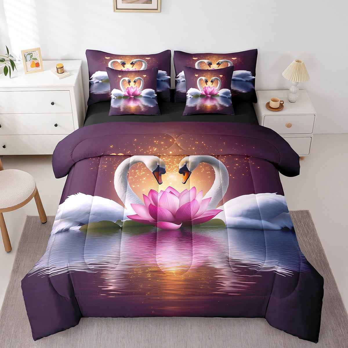 Swan Bed in a Bag Queen Comforter Set 7 Piece,Purple Lotus Flower ...