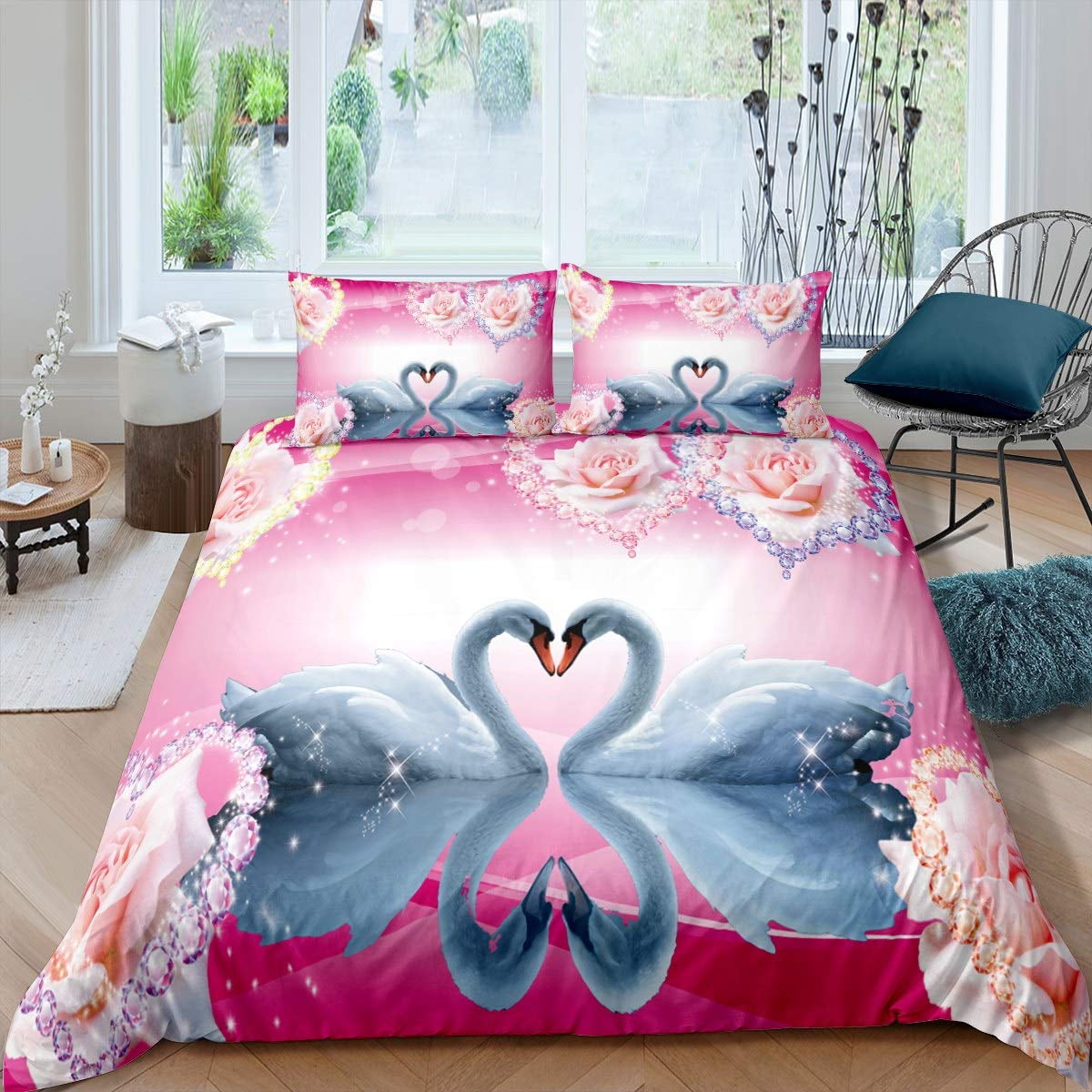 Swan Bedding Set Romantic Flowers Duvet Cover King s Wildlife Quilt ...