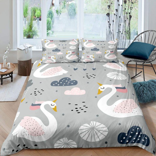 Swan Bedding Set Romantic Flowers Duvet Cover King s Wildlife Quilt ...