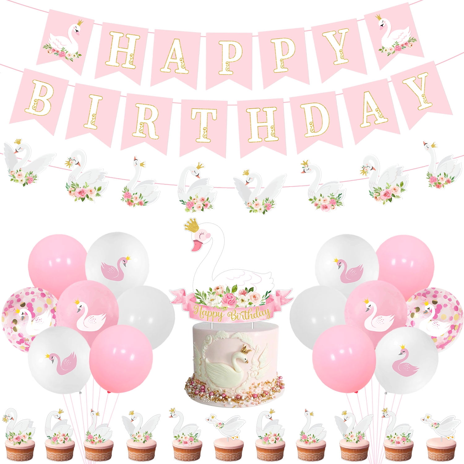 Swan Birthday Party Decorations Pink Happy Birthday Banner Swan Theme ...