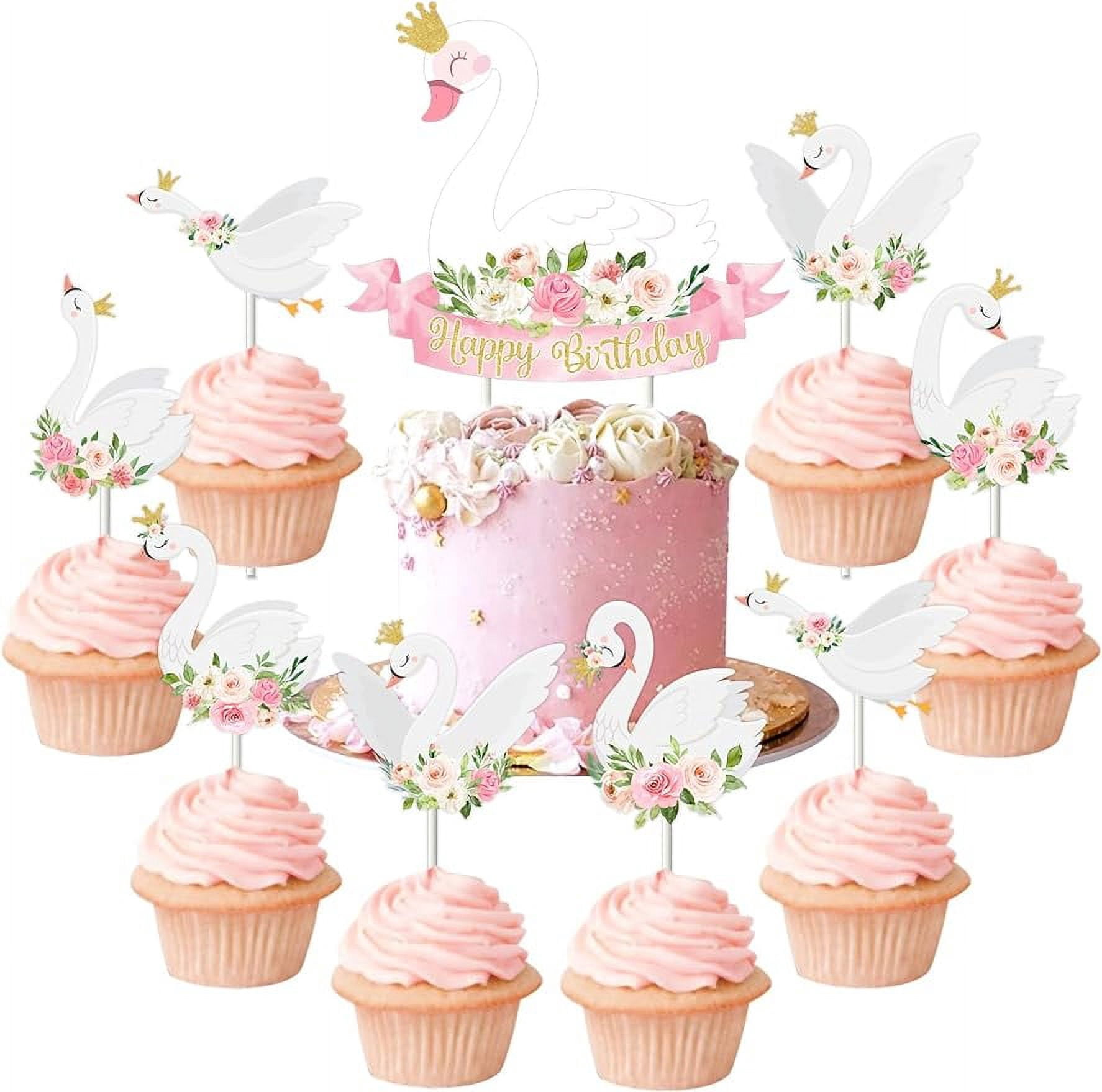 Swan Birthday Party Decorations, Swan Birthday Cake Topper, 12Pcs Swan ...