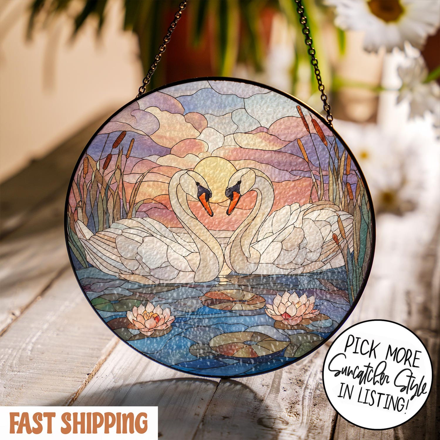 Swan Couple Stained Glass Suncatcher, Romantic Swan Window Hanging ...