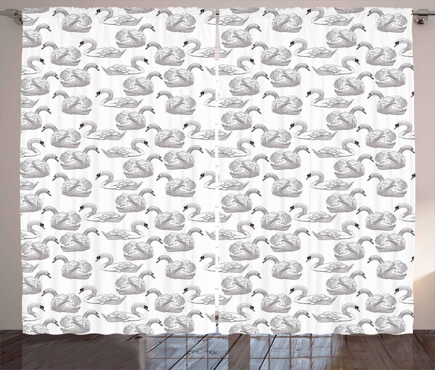 Ambesonne Swan Curtains 2 Panel Set, Sketch Art Waterfowls, 108" x 108 ...