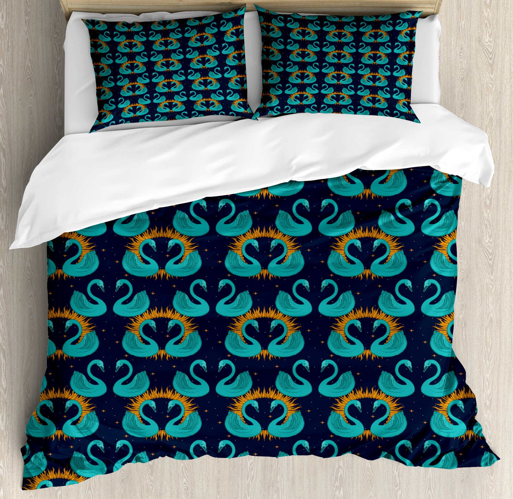 Swan Duvet Cover Set, Abstract Pattern of Long Necked Aquatic Birds Sun ...