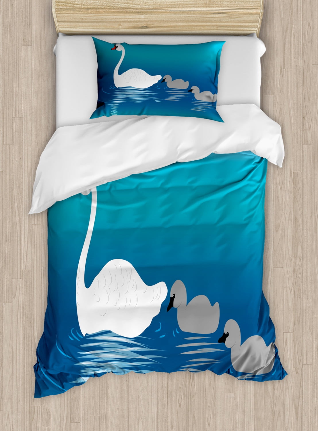 Swan Duvet Cover Set Twin Size, Cartoon Animal Illustration of Mother ...