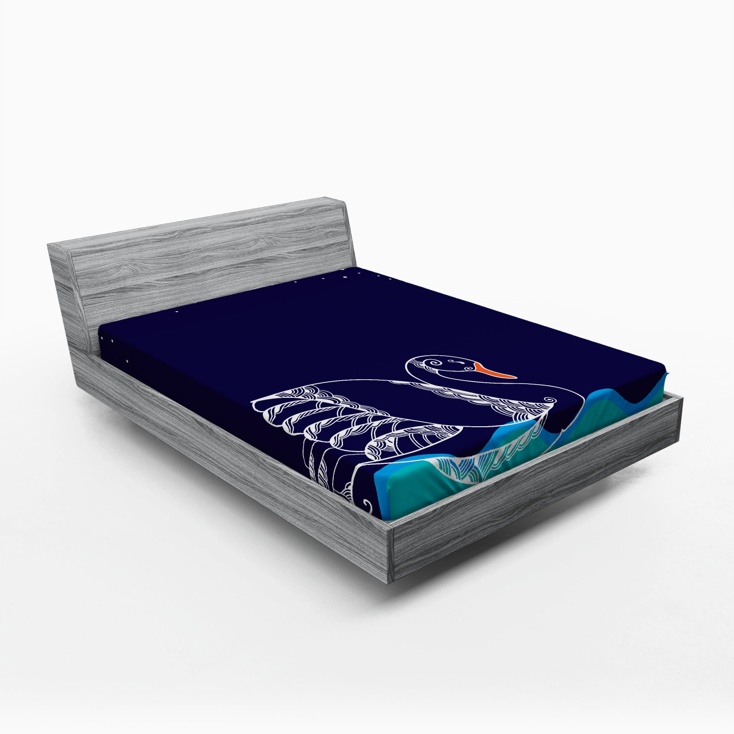 Swan Fitted Sheet, Silhouette of Big Winged Swan Floating on Waves in ...
