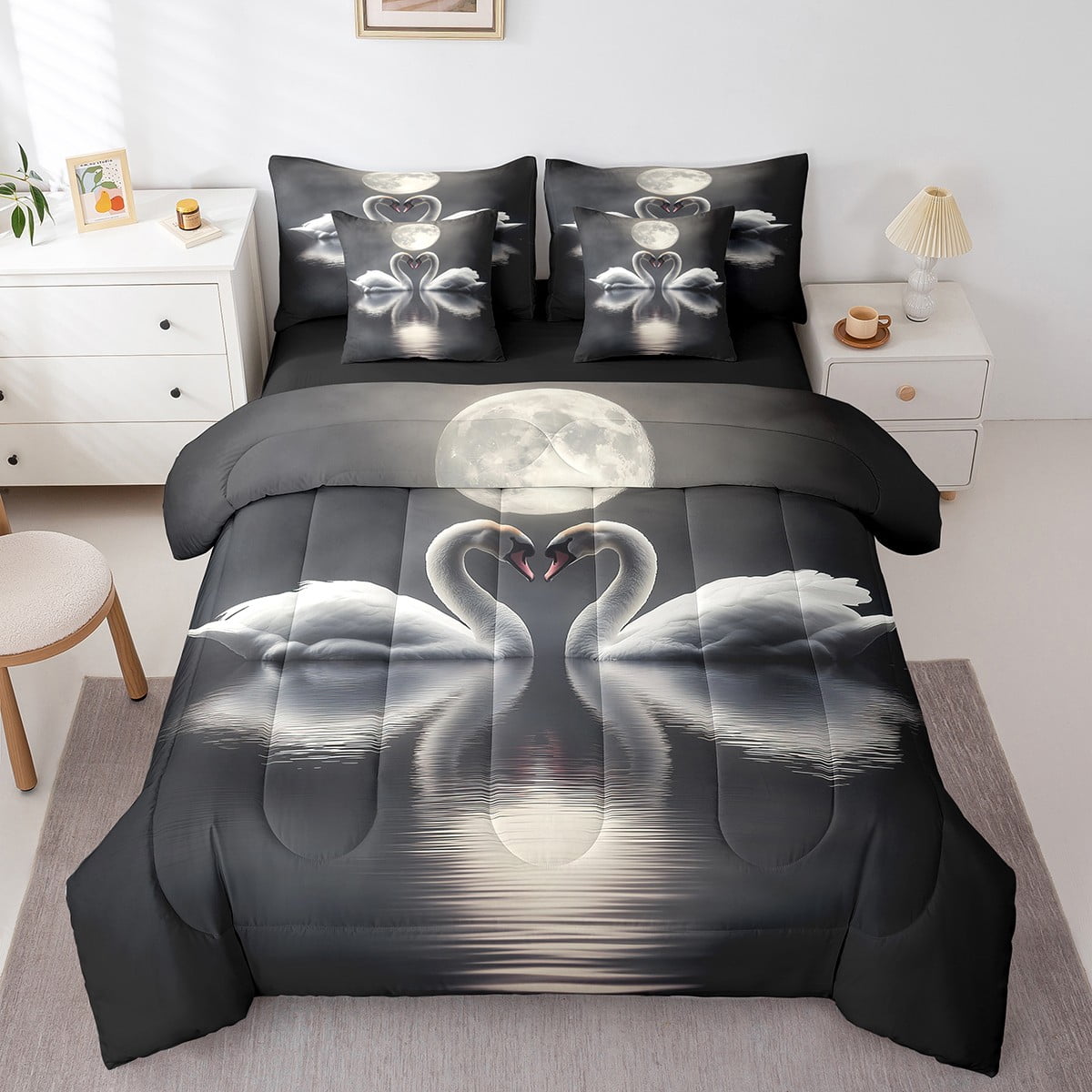 Swan Lake Bed in a Bag Queen Comforter Set 7 Piece,Couple Swan Bedding ...