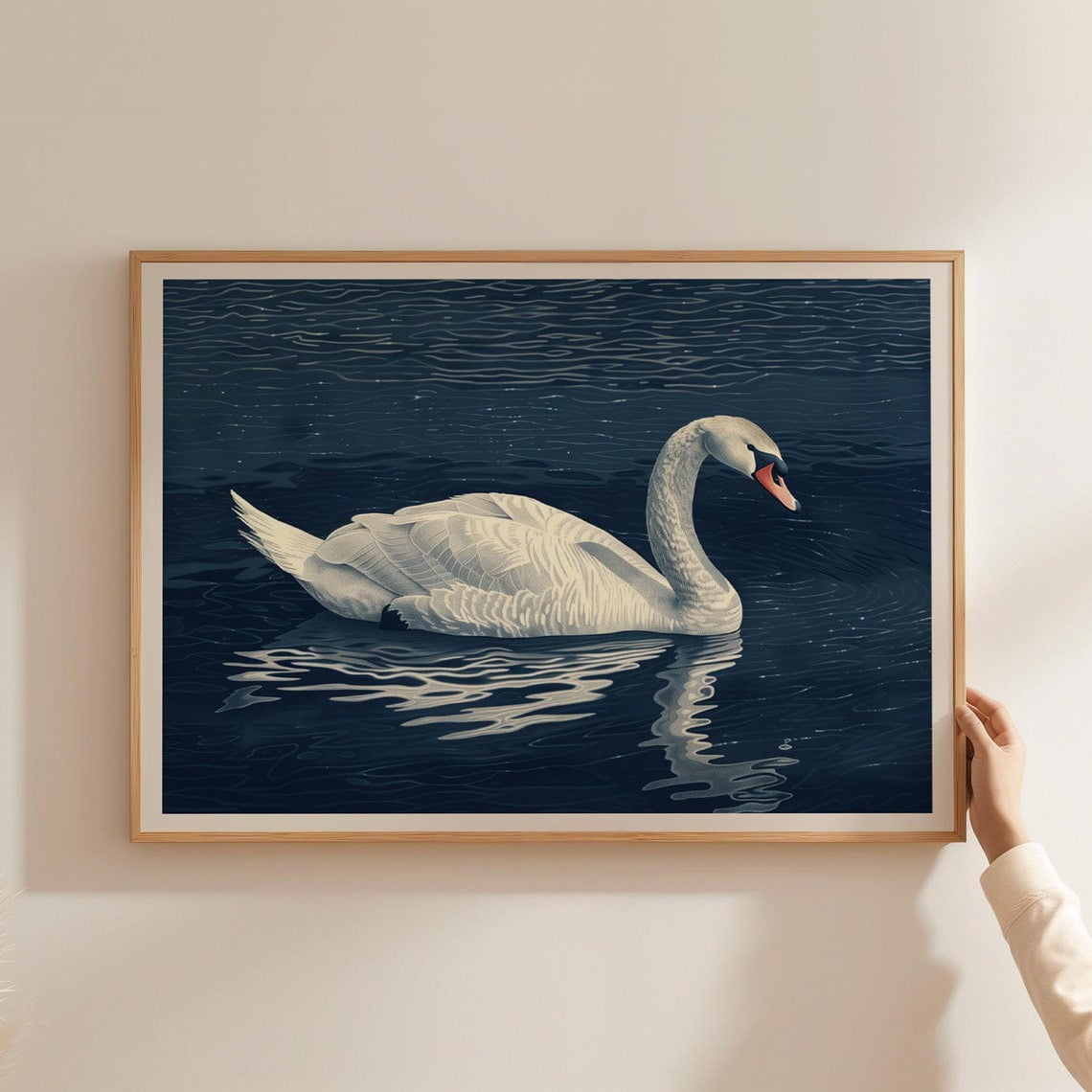 Swan In Lake Landscape Print - Waterbird Illustration Wall Art Poster ...