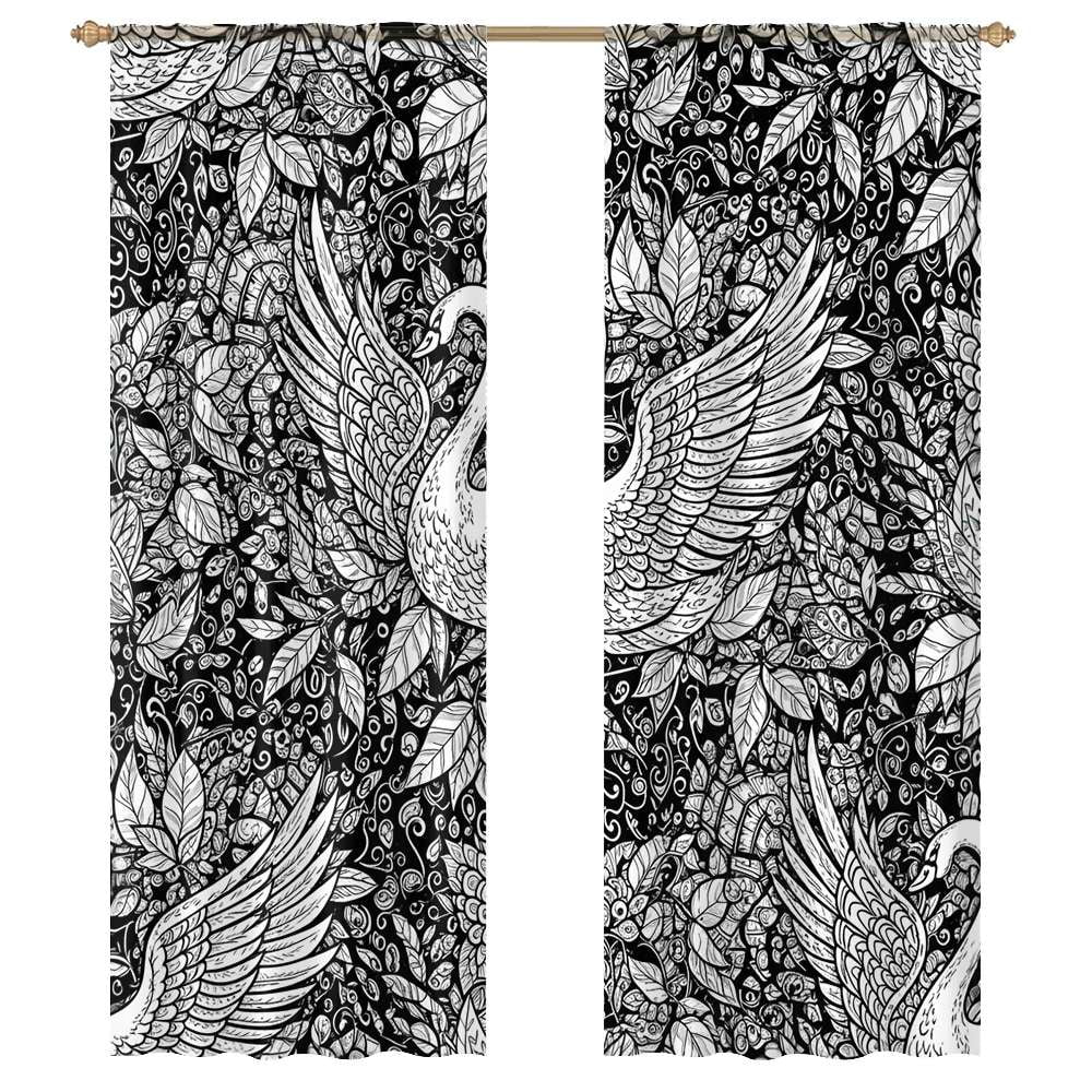 Swan Leaf Pattern Print Modern Tulle Window Curtains for Living Room ...