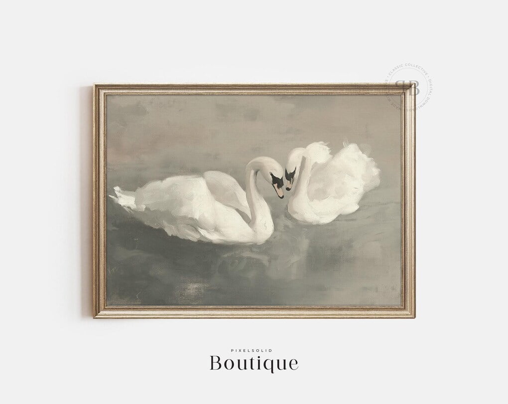 Swan Pair Romantic Wall Art Print, Heart-Shaped Neck Pose, Elegant ...