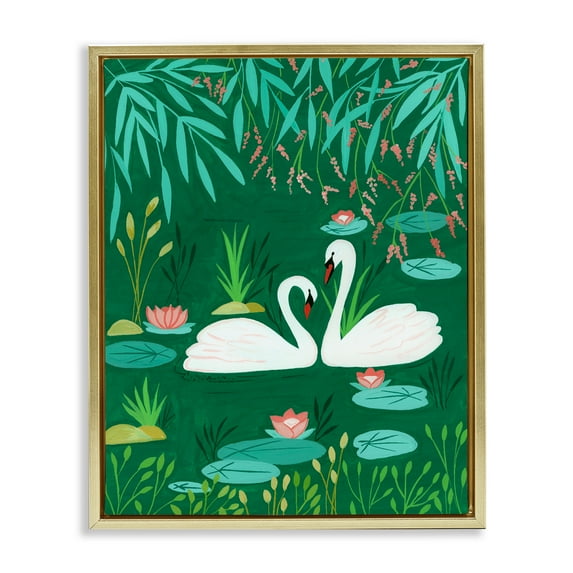 Swan Pair on Green Pond Gold Framed Floater Canvas Wall Art, design by ...