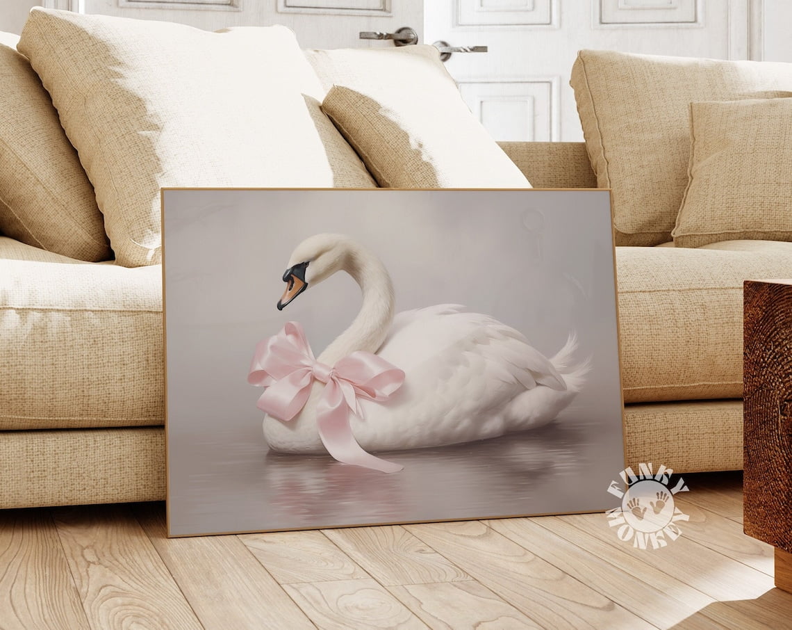 Swan Pink Bow Digital Print, Coquette Room Decor, Nursery Painting ...