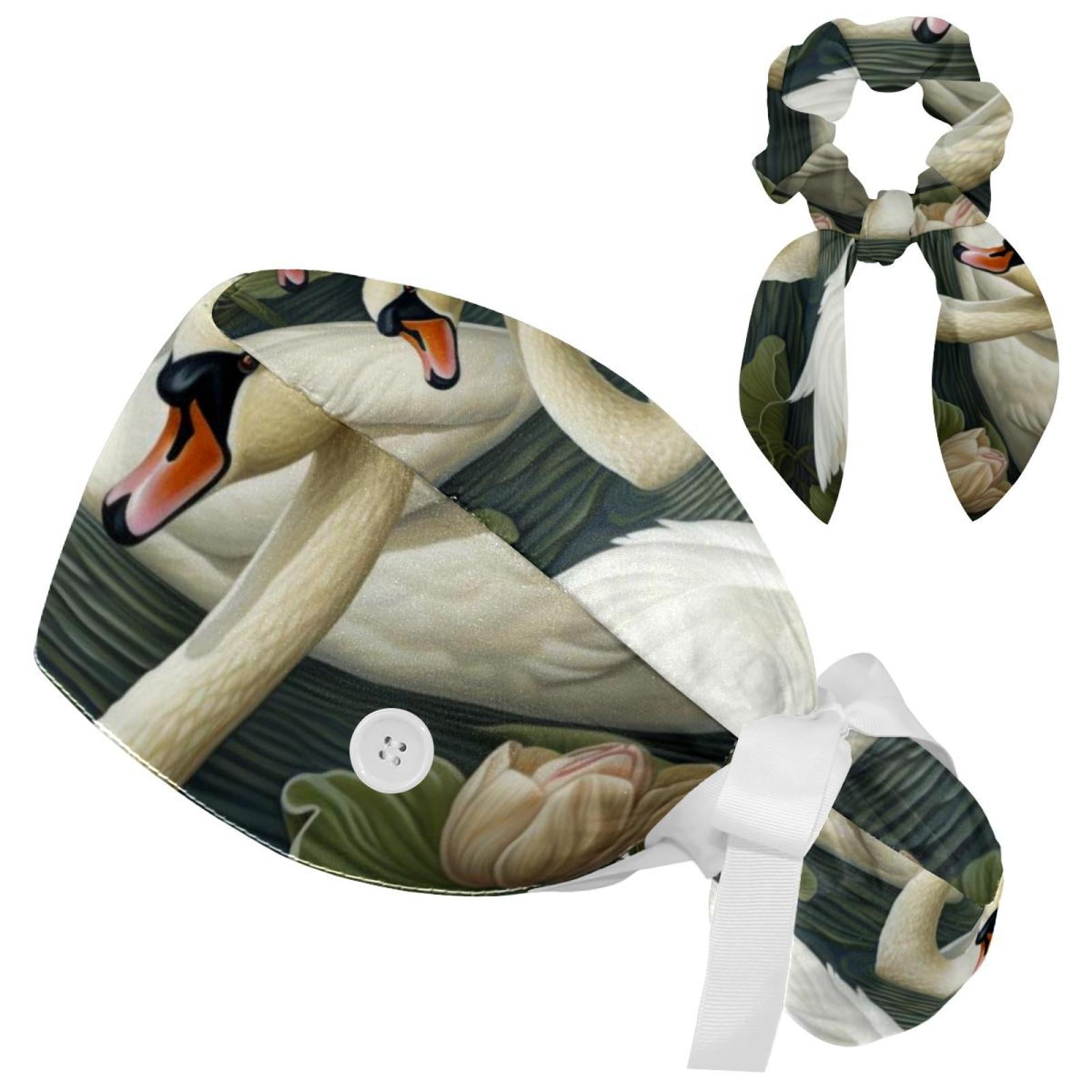 Swan Scrub Cap with Scrunchy and Buttons for Long Hair, Adjustable ...