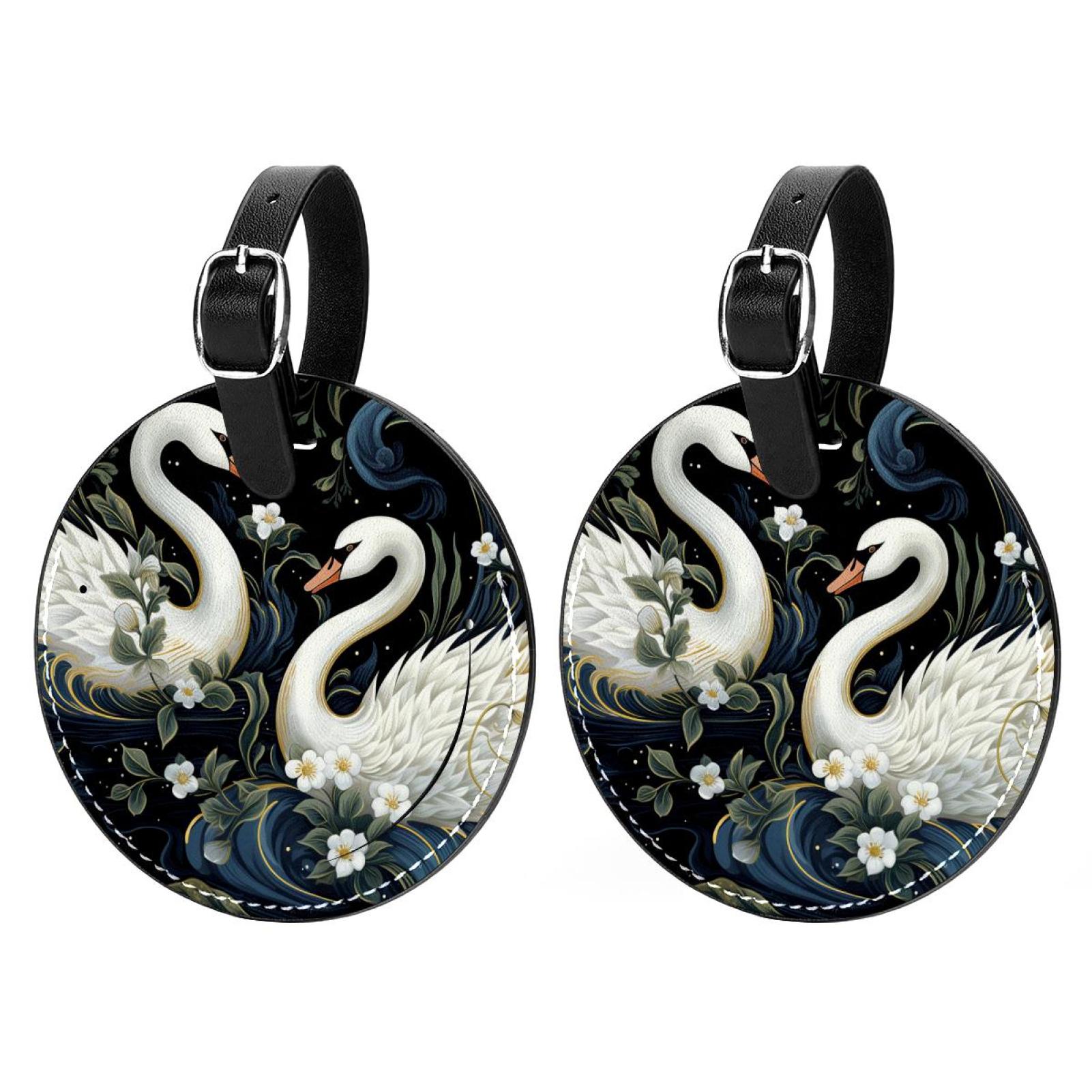 Swan Set of 2pcs PU Leather Round Suitcase Tags with Privacy Cover and ...