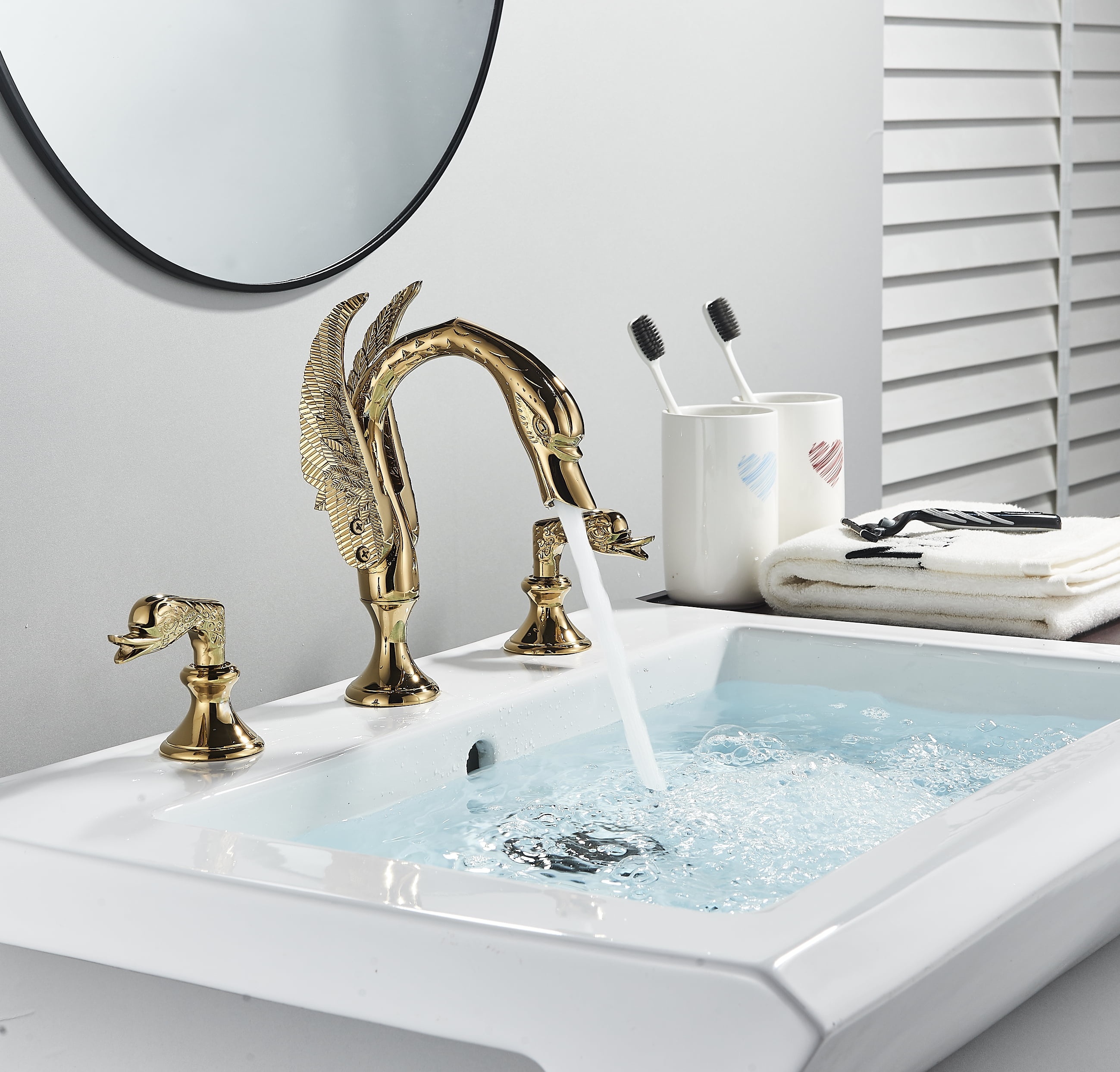 Swan Shape Widespread Bathroom Sink Faucets 3 Hole, 2-Handle Gold ...
