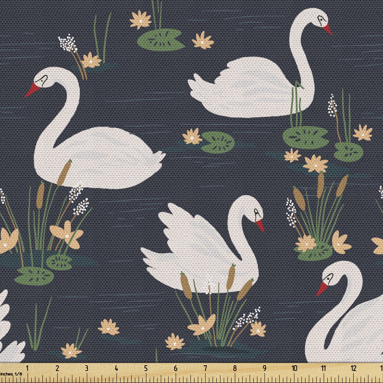 Ambesonne Swan Fabric by the Yard Upholstery, Lilies Cattails ...