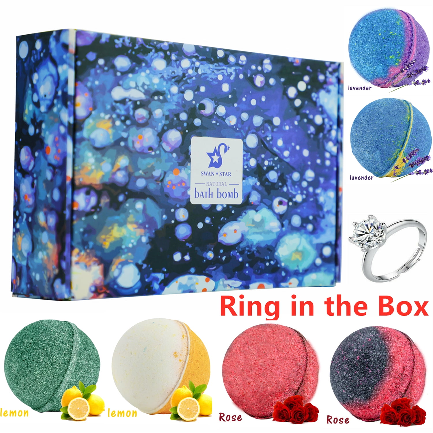 Swan Star 6PC Bath Bomb Set with Ring, With Oils, Shea Butter, Coconut ...