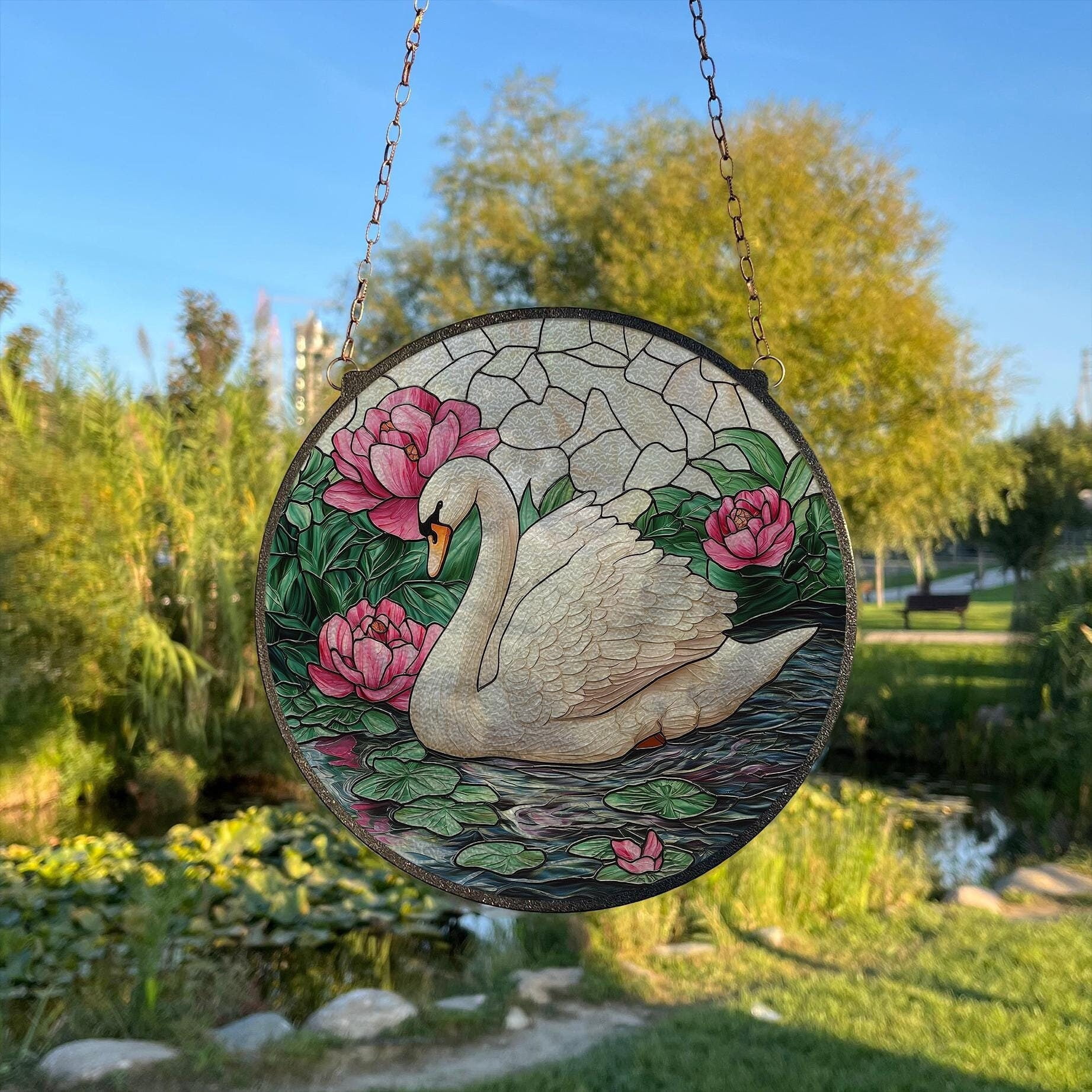 Swan Swimming in a Pond Painted Stained Glass Suncatcher, Window ...