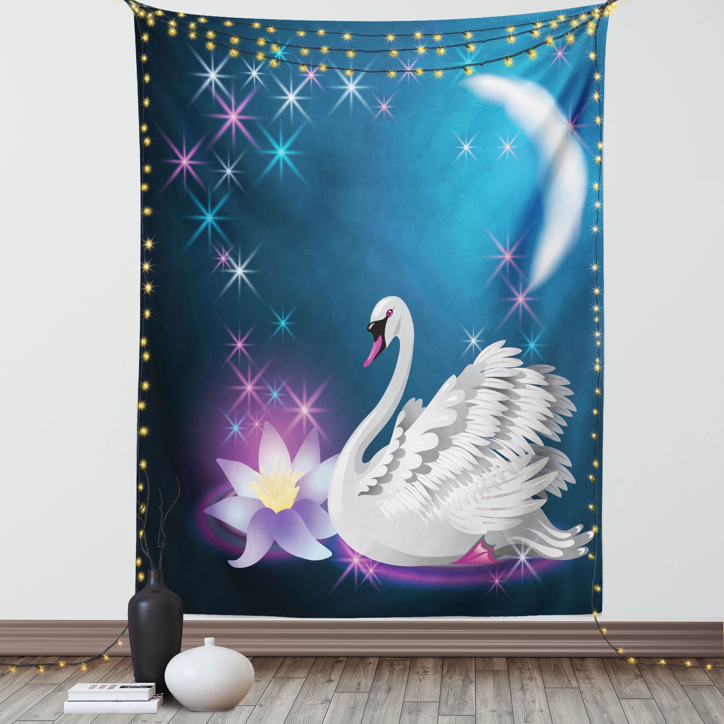 Swan Tapestry, Magic Lily and Fairy Swan at Night Swimming in Lake ...