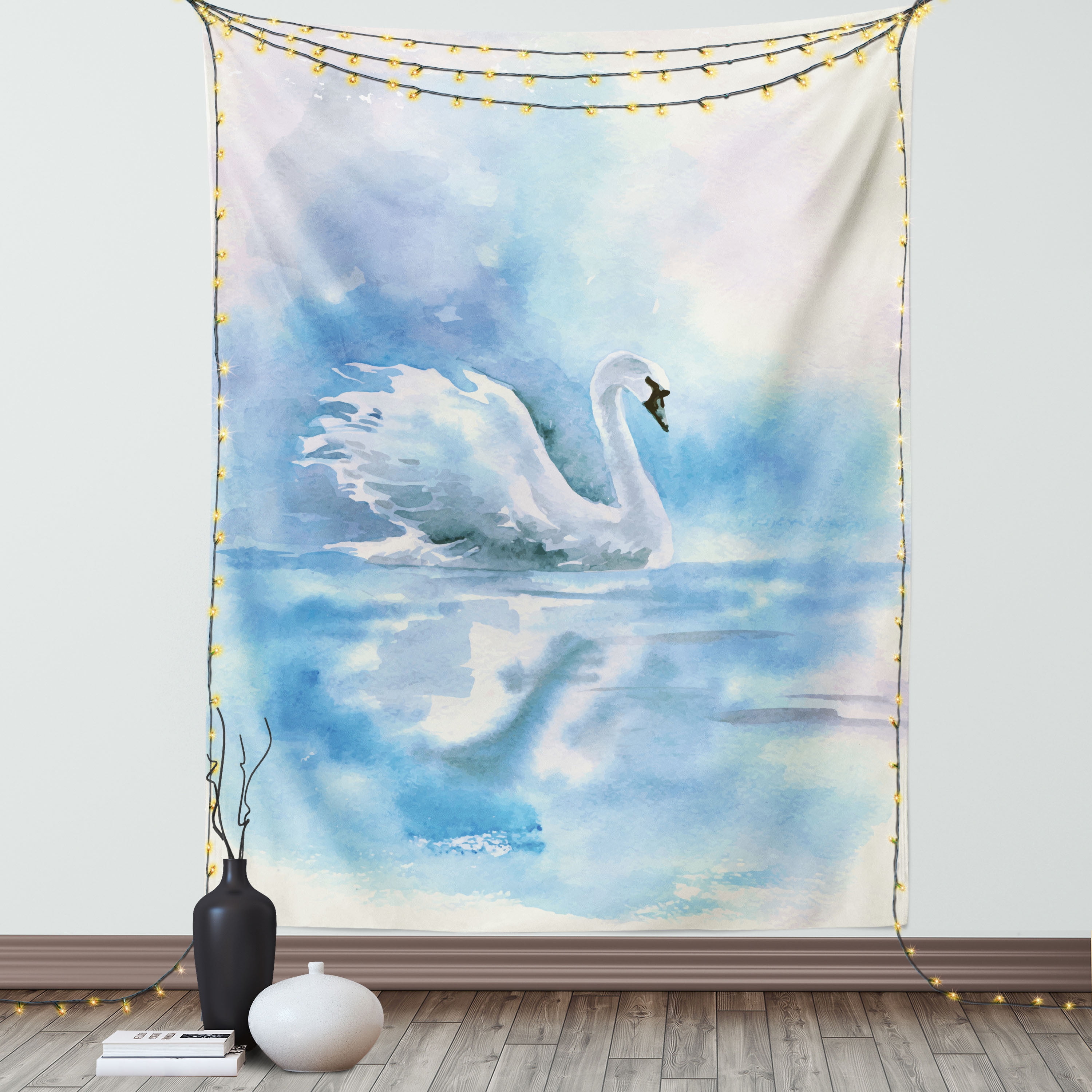 Swan Tapestry, Watercolor Drawing Picture of Swan in the River Hazy ...