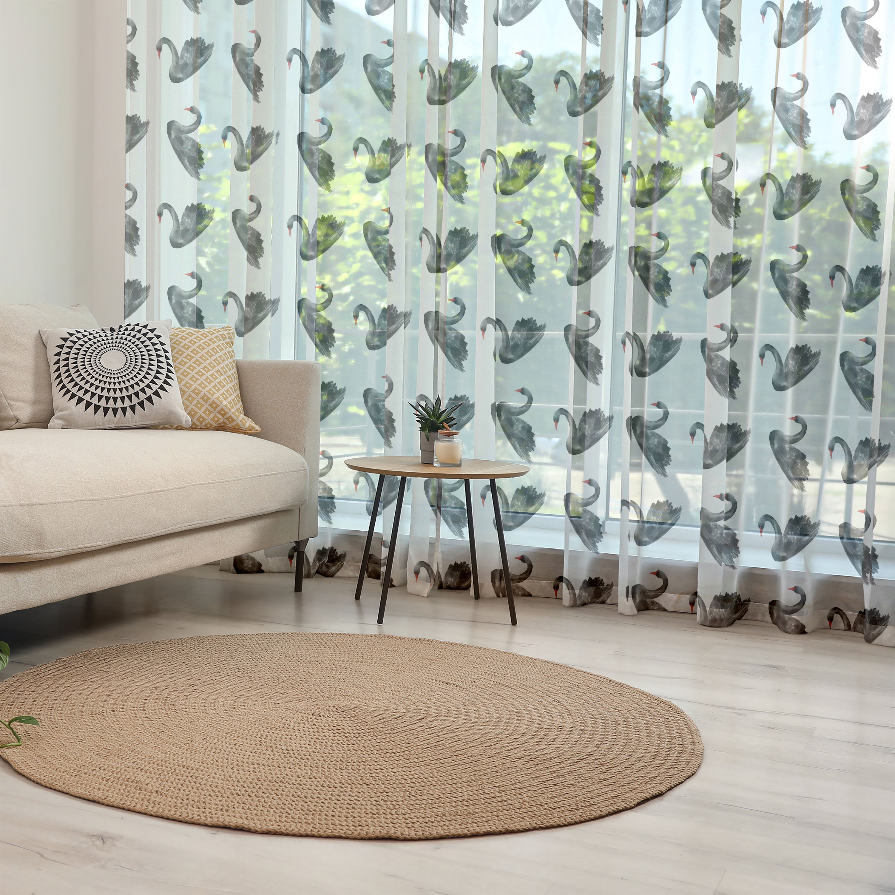 Swan Tulle Curtains with Rod Pocket, Black Swan Aquarelle Illustration ...