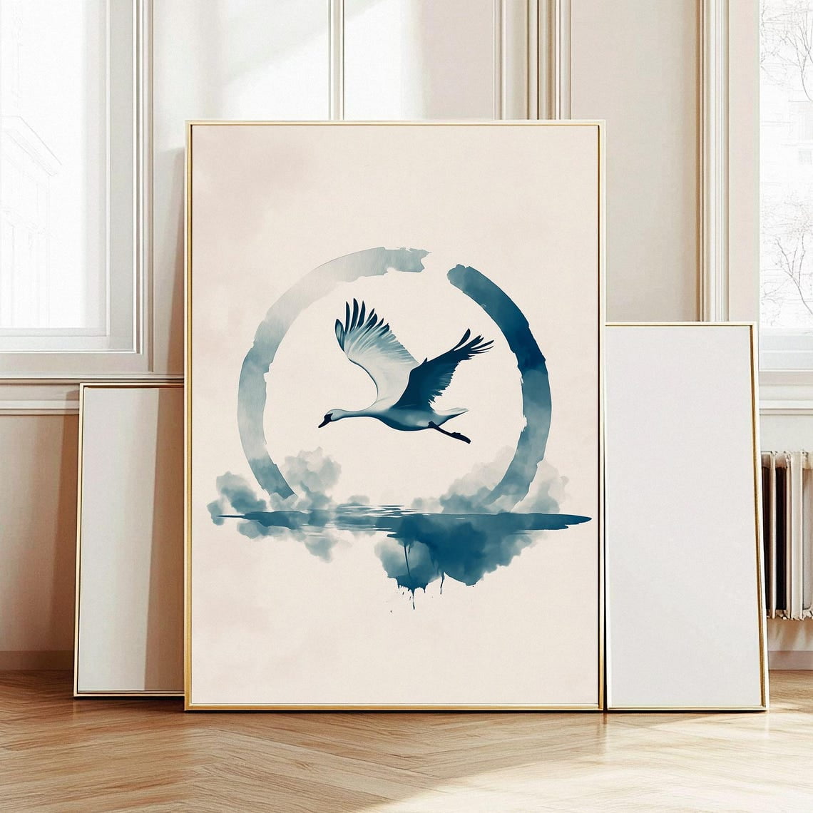 Swan Watercolour Artwork, Zen Circle White Blue Art Poster, Minimalistic Retro Decor Bedroom ...