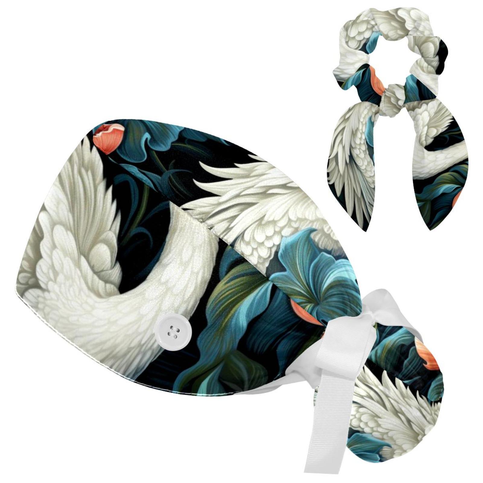Swan Women Surgical Cap with Buttons, Long Hair Scrub Hat with Bow Hair ...