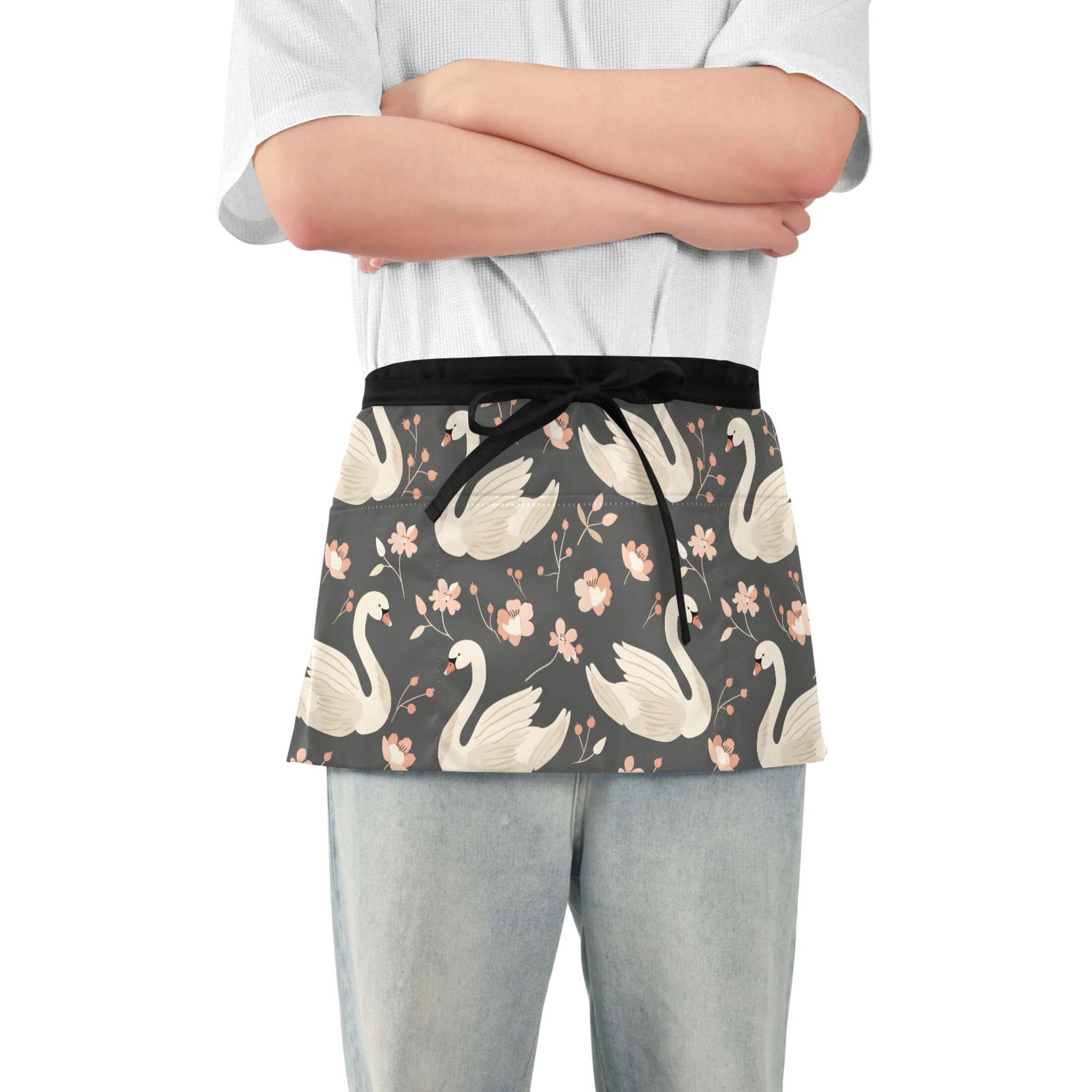 Swan and Flowers Server Apron with 3 Pockets Waterproof Waitress Waist ...