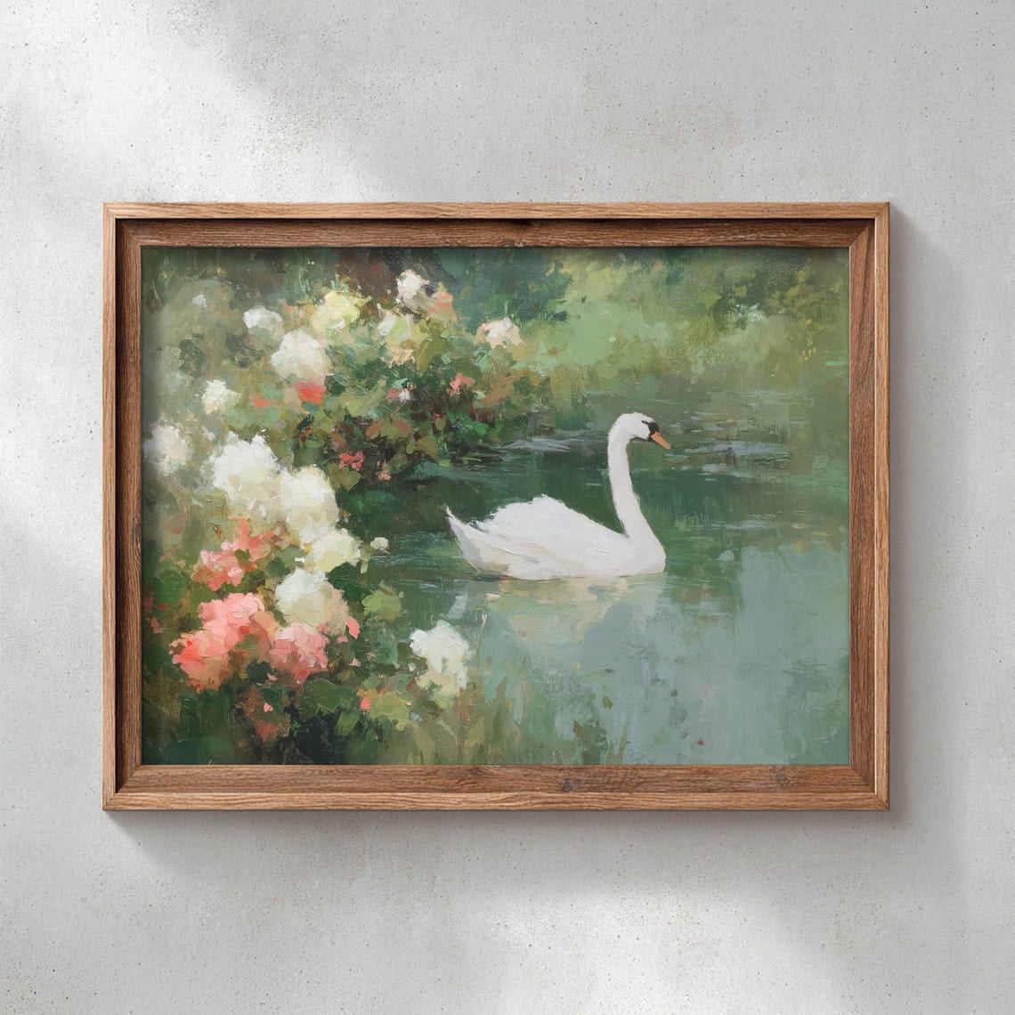 Swan with White Blossoms Serene Impressionist Pond Scene Peaceful Green ...