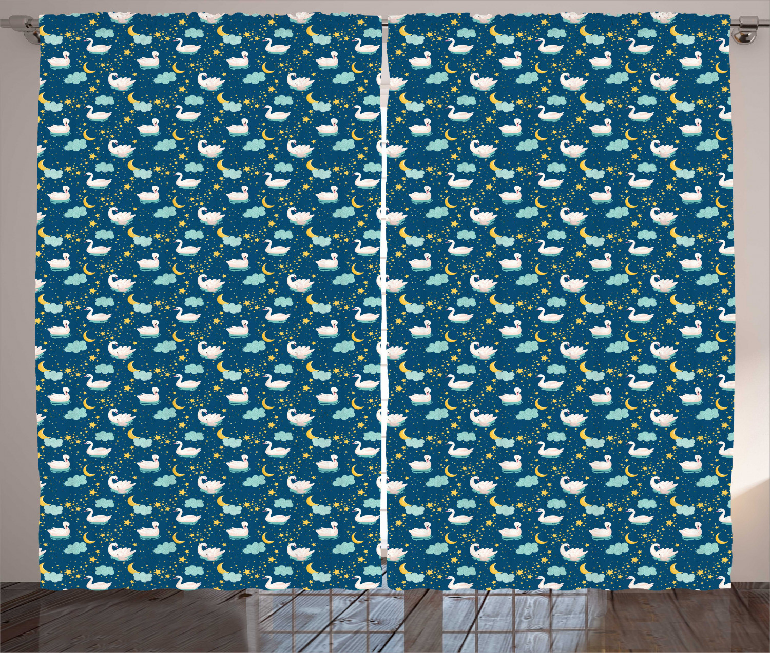 Swans Curtains 2 Panels Set, Repetitive Gracious Aquatic Bird Cygnets ...