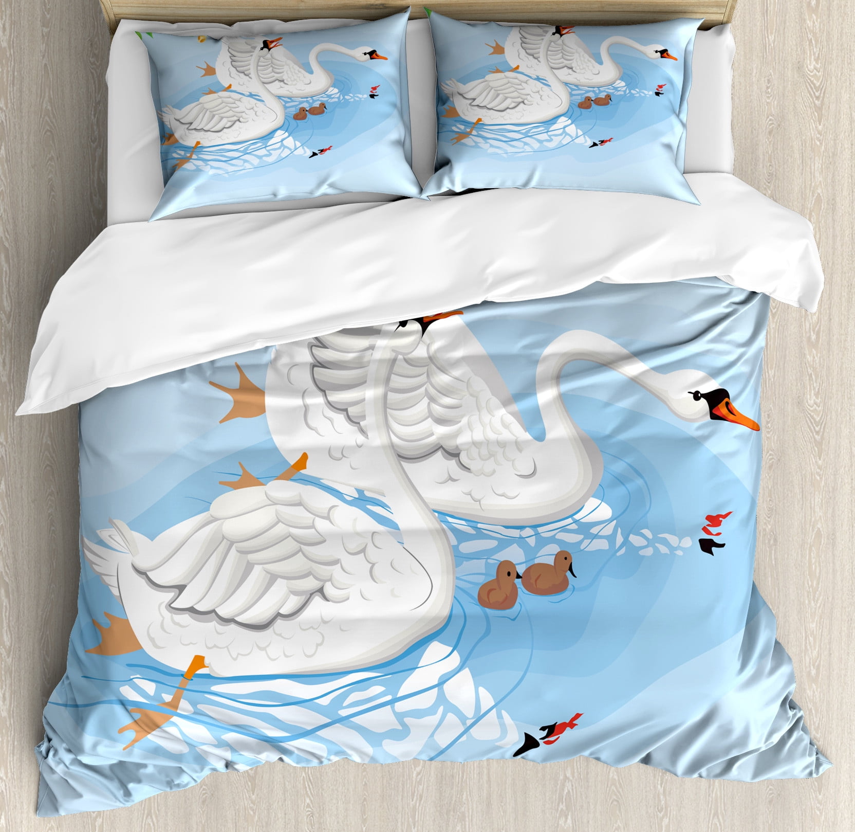 Swans Duvet Cover Set, Gracious Animals in River Reflections Floral Art ...