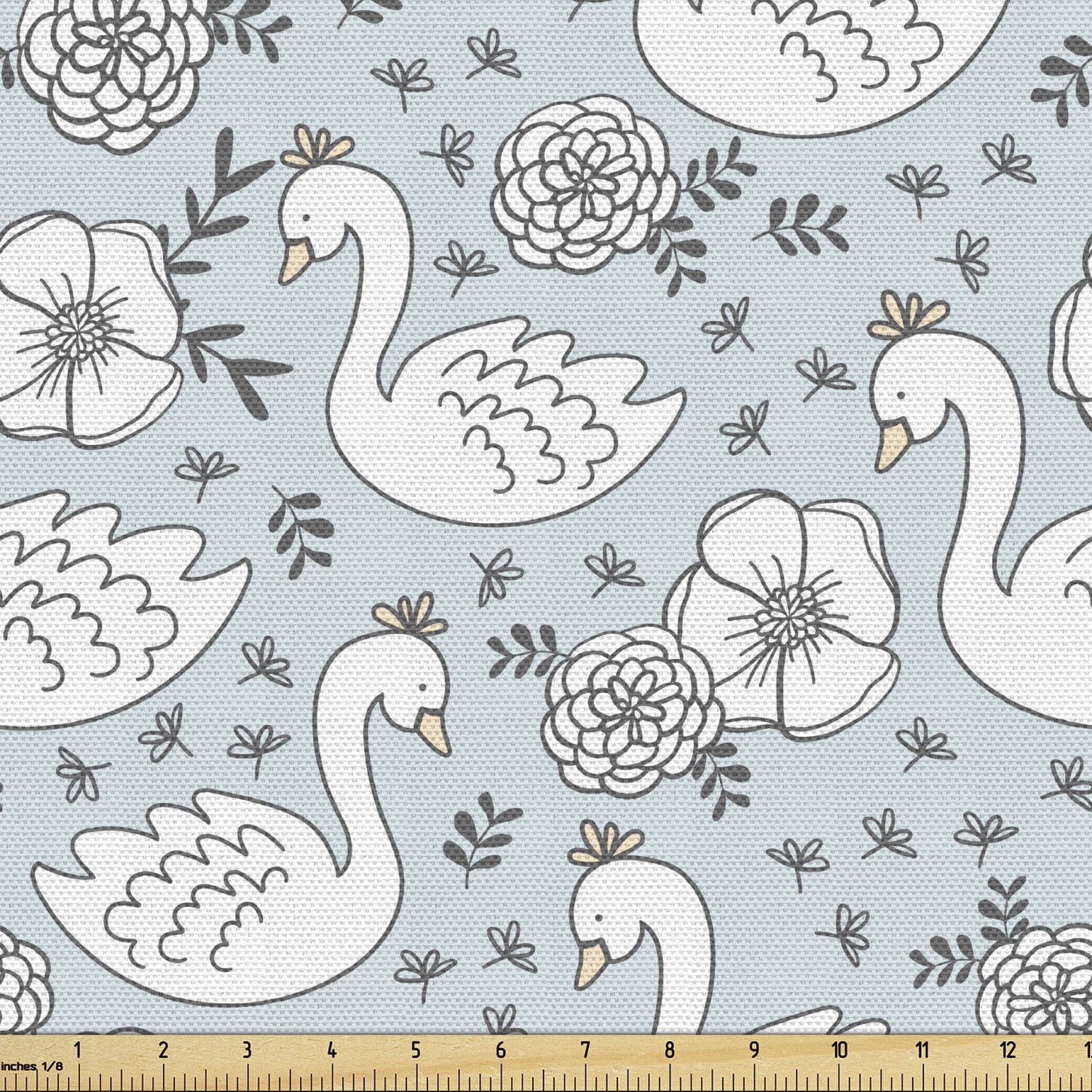 Ambesonne Swans Fabric by the Yard Upholstery, Hand Drawn Flowers and ...