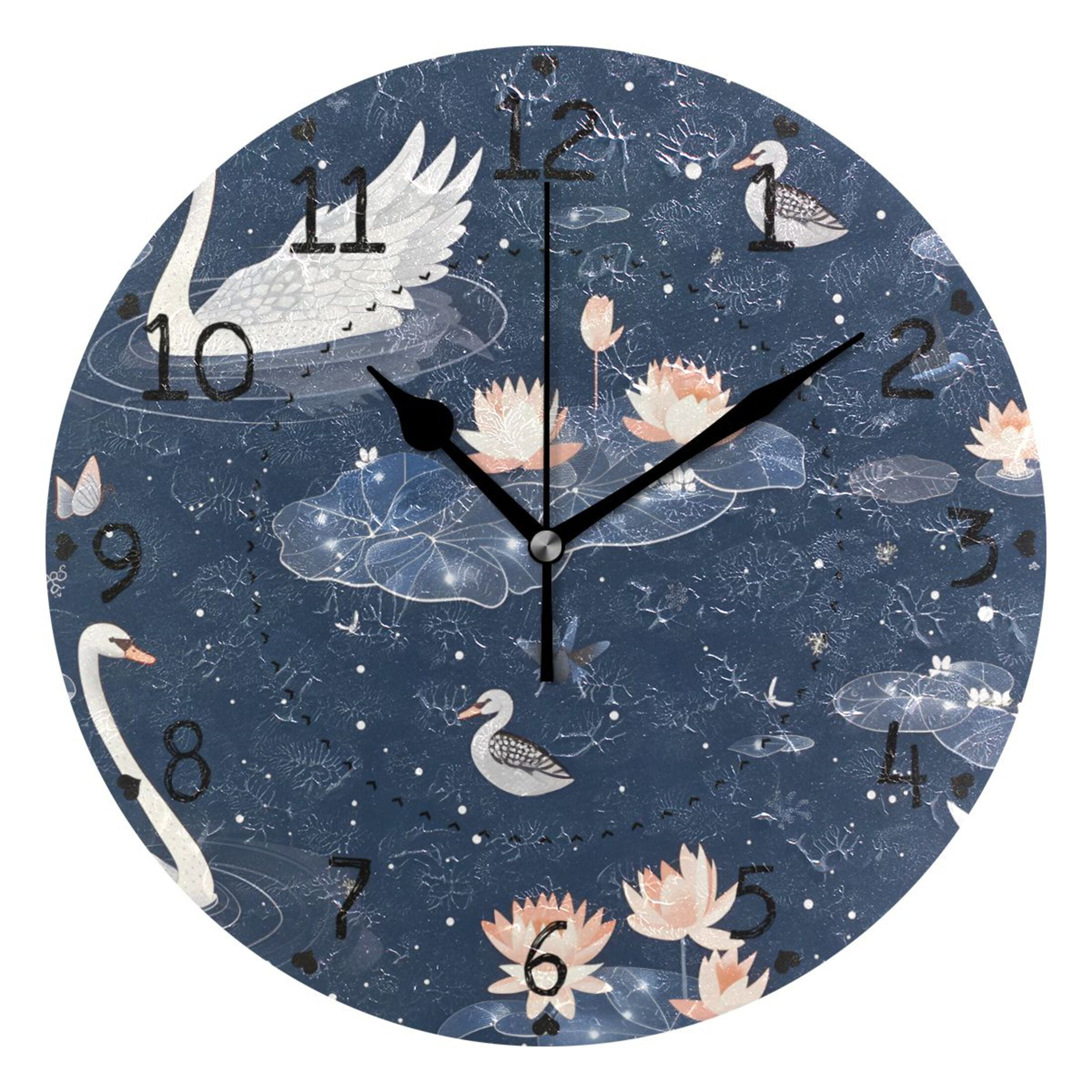 Swans Flowers Leaves Round Wall Clock Silent Analog Battery Operated ...