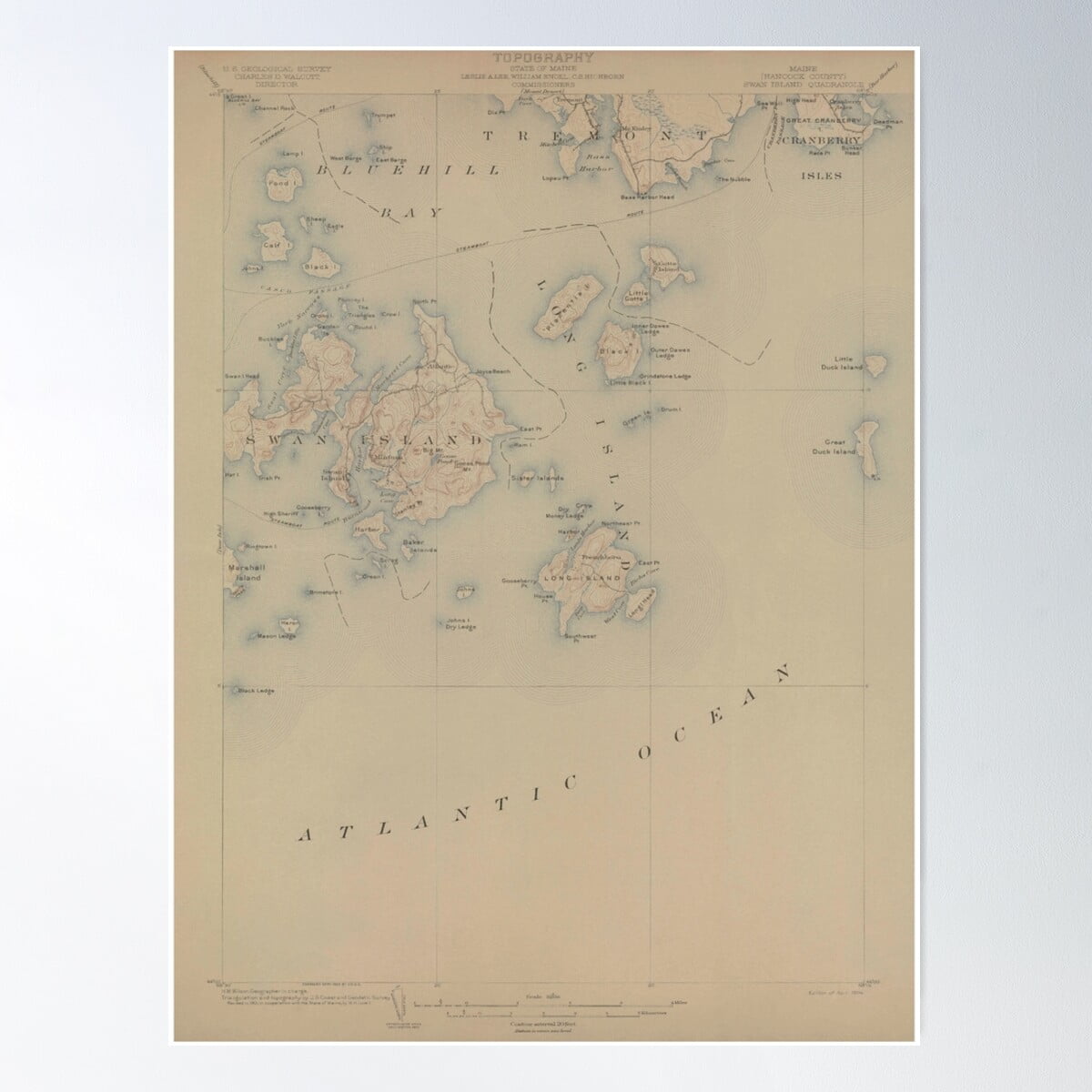 Swans Island And Long Island Maine Vintage Map Poster Wall Art, Modern ...