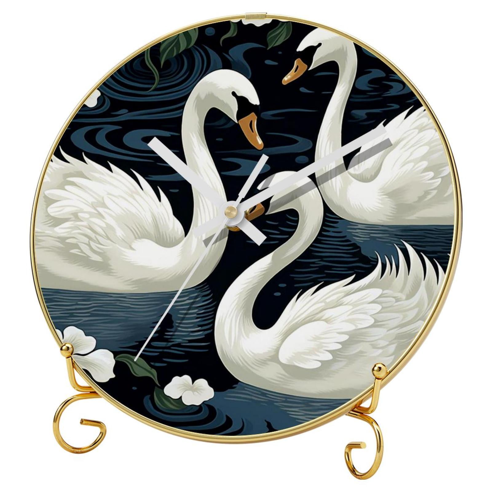 Swans Modern Round Wall Clocks with Printed Design, Hooks and Gold ...