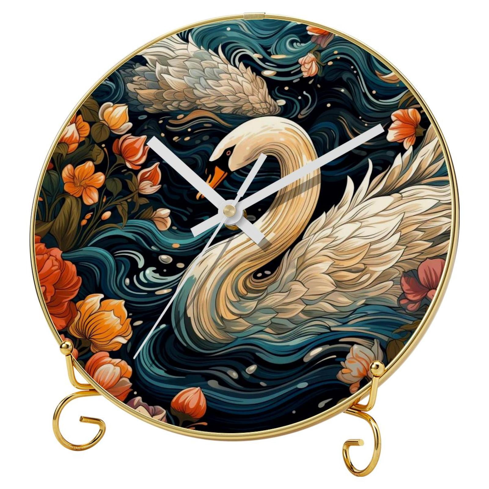 Swans Round Printed Wall Clock with Hooks and Gold Stand - Silent, Non ...