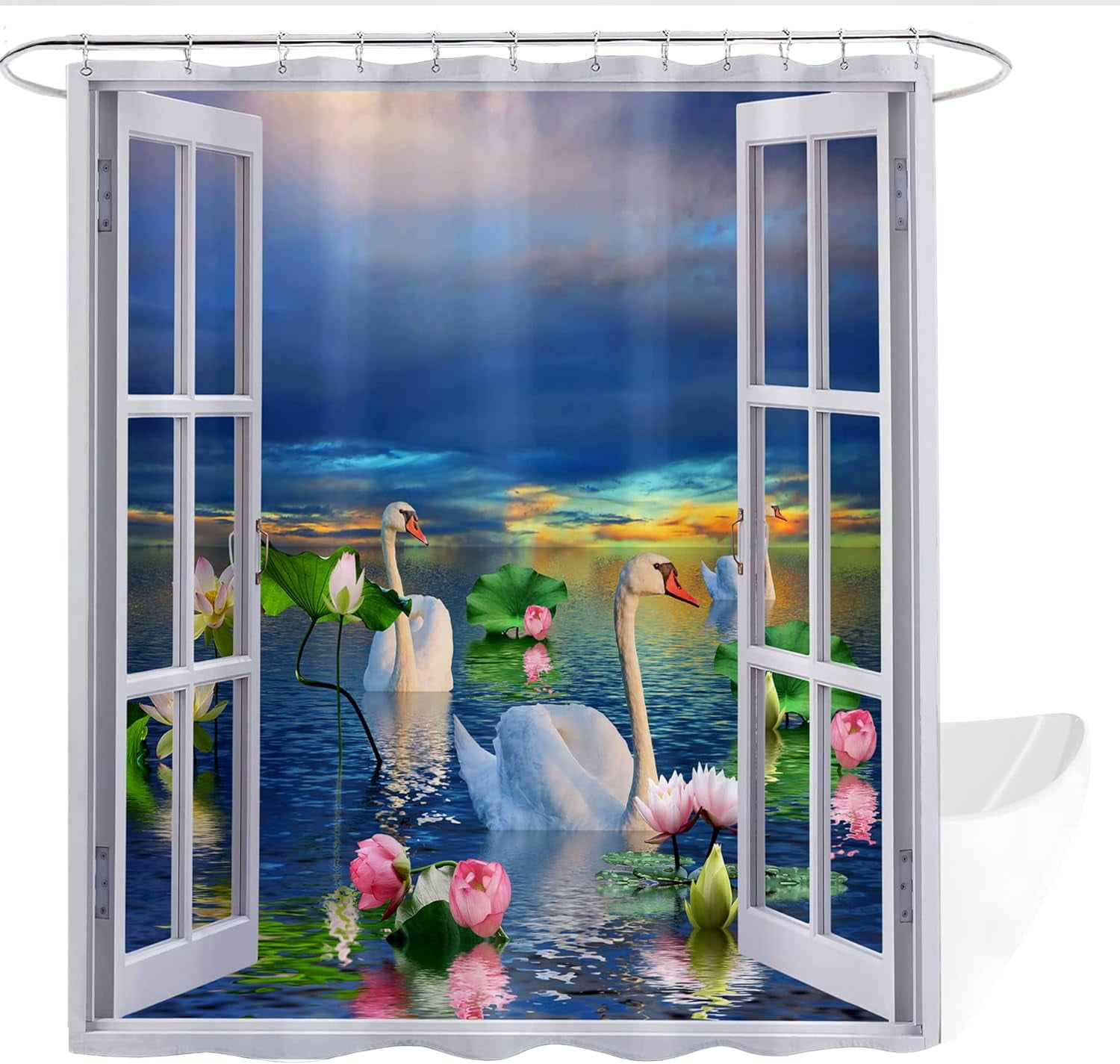 Swans Shower Curtains White Swans Couple Heart Scenery Outside Window ...