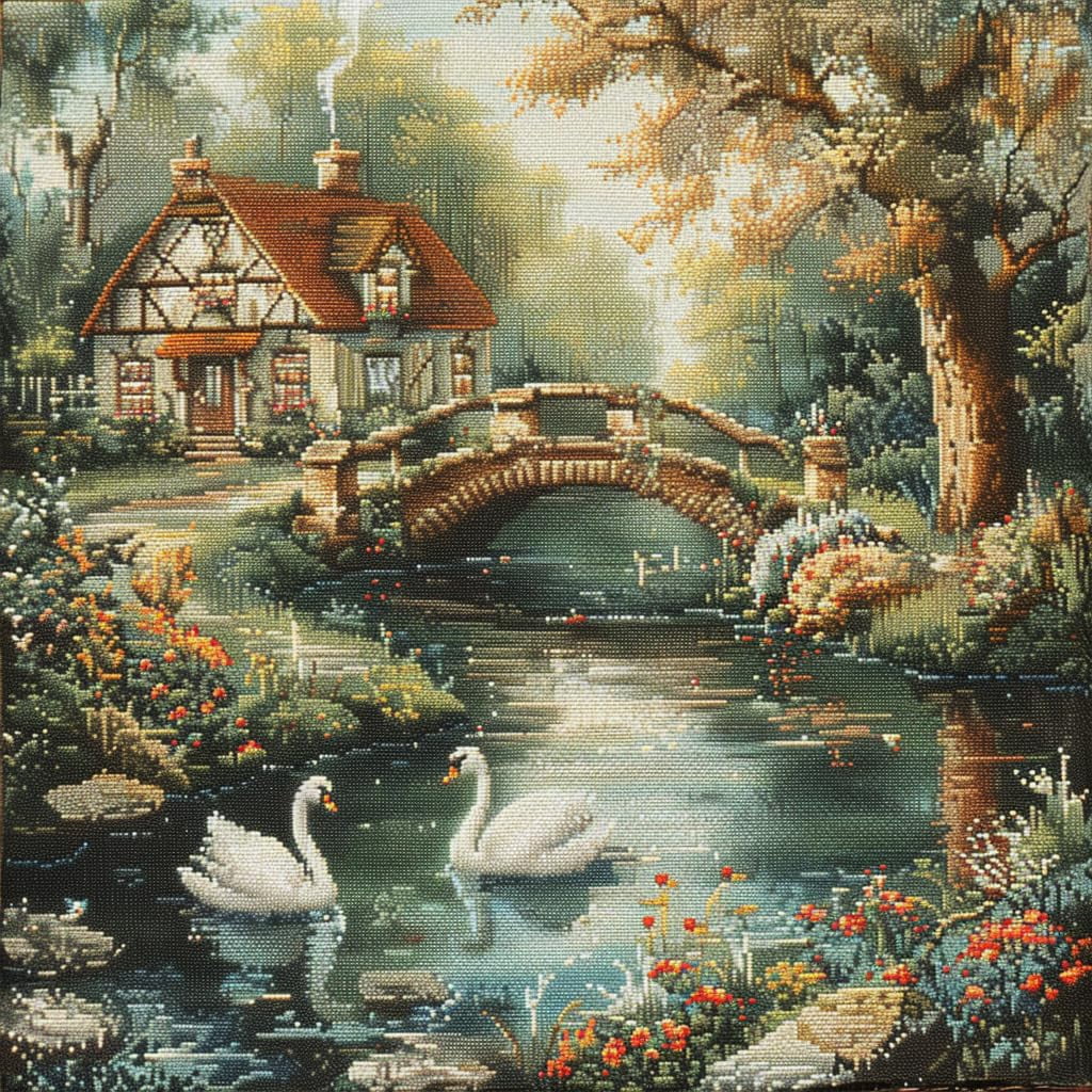 Swans Swimming in River House Bridge DIY 11CT Stamped Cross Stitch Kits ...