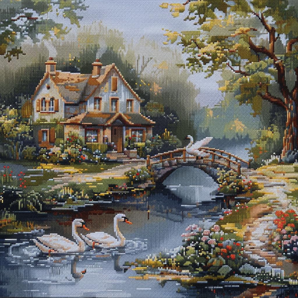 Swans Swimming in River House Bridge DIY 11CT Stamped Cross Stitch Kits ...