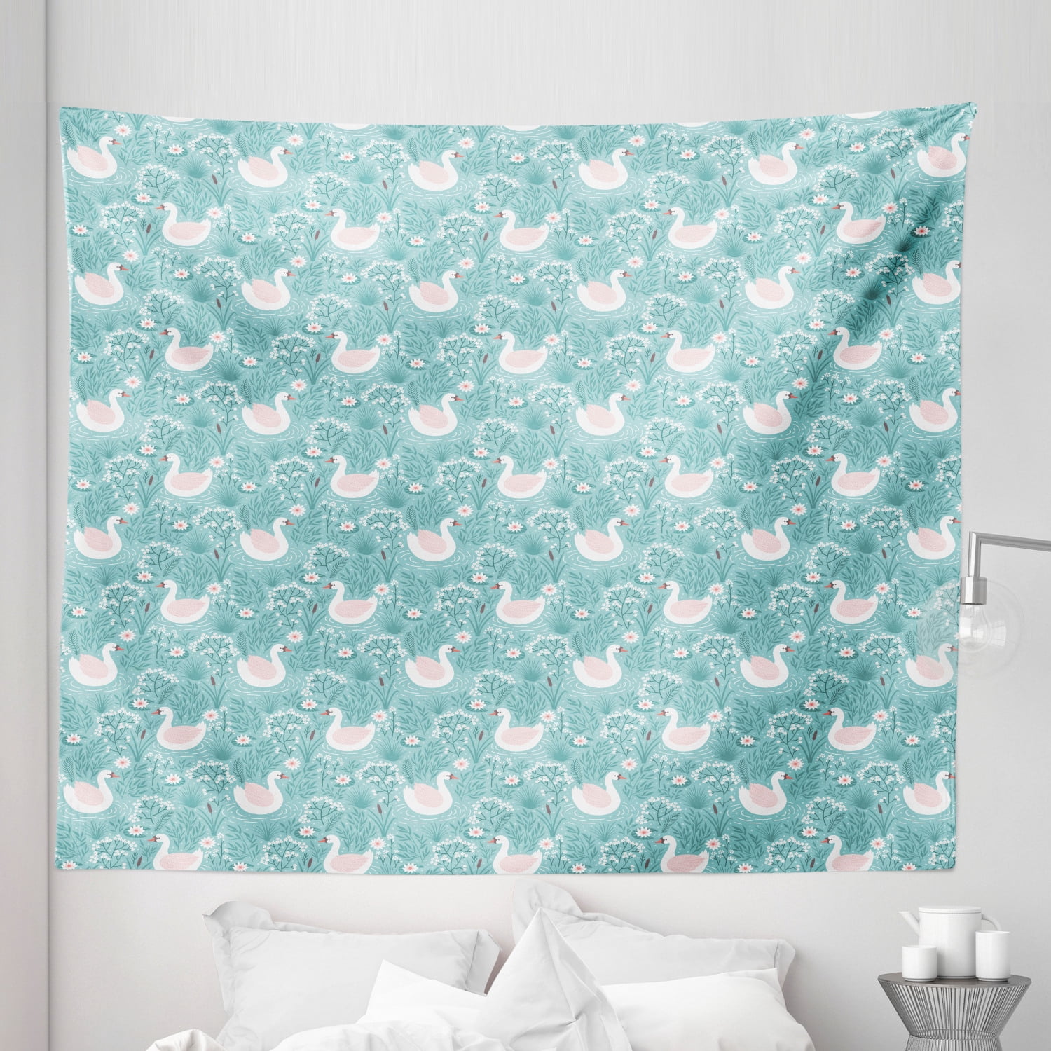 Swans Tapestry, Repetitive Gracious Swan Floral Ornaments on Lake ...