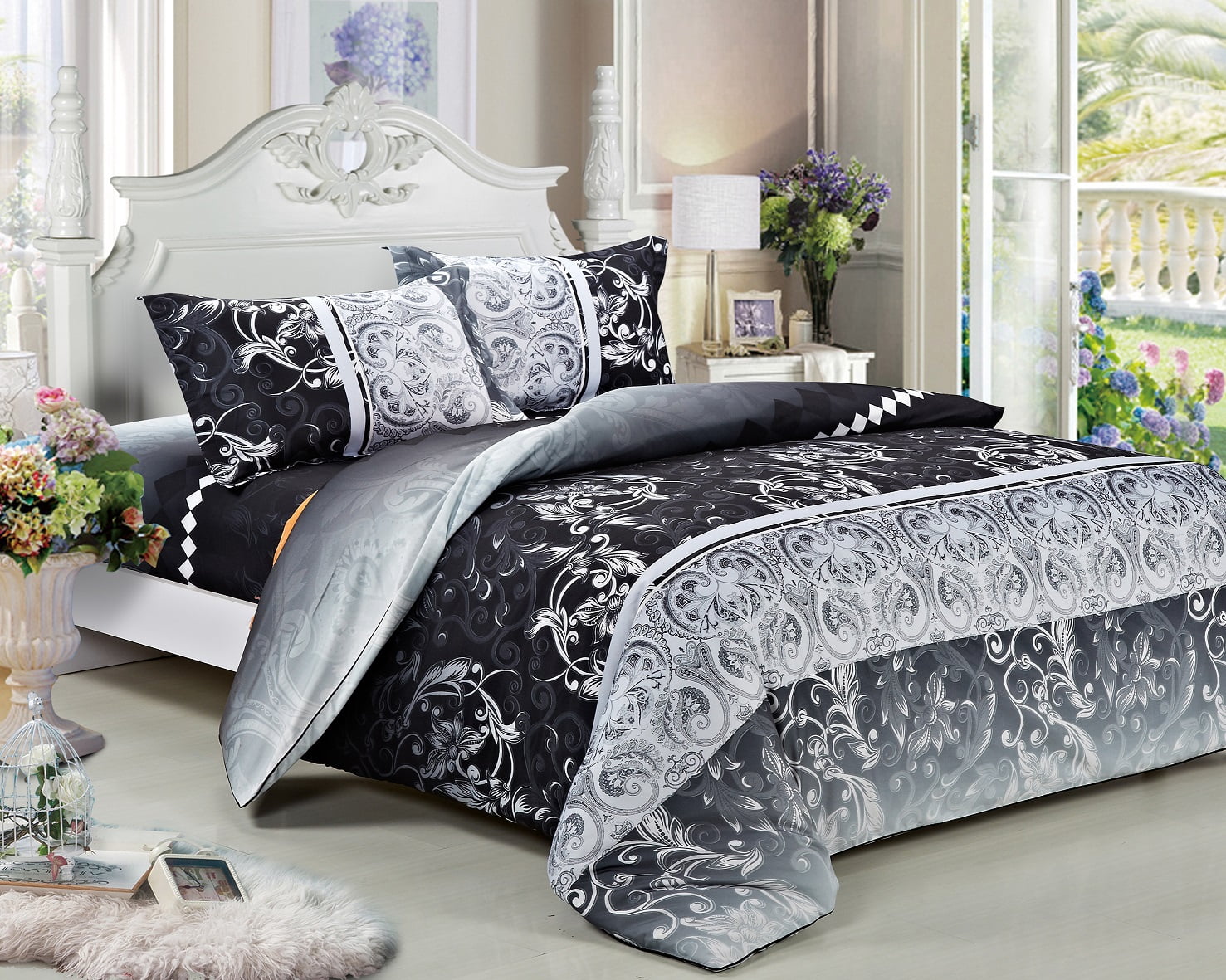 Swanson Beddings Queen Size Black Paisley 3pc Duvet Cover and Two ...