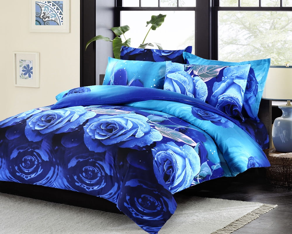 Swanson Beddings Comforter Set: Blue Roses 3-Piece Duvet Cover and Two ...
