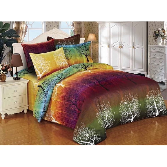 Fox Duvet Cover Set King Size, Woodland Animal with Birds and Fir Trees ...